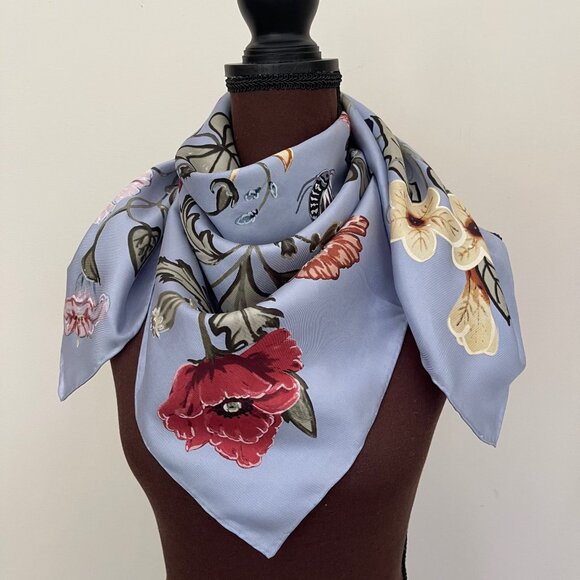 Gucci | Accessories | Gucci Silk Wrap Logo Kris Knight Floral Print Sky ...